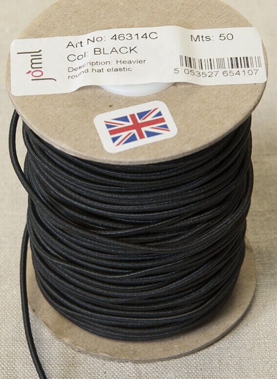 46314C-B, 1.5mm heavy weight round black hat elastic - 50 metres ...